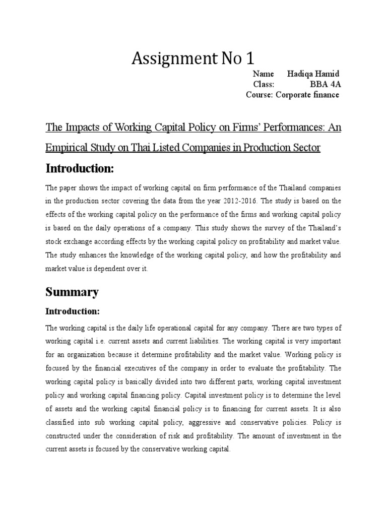 Working Capital Policy PDF Working Capital Investing