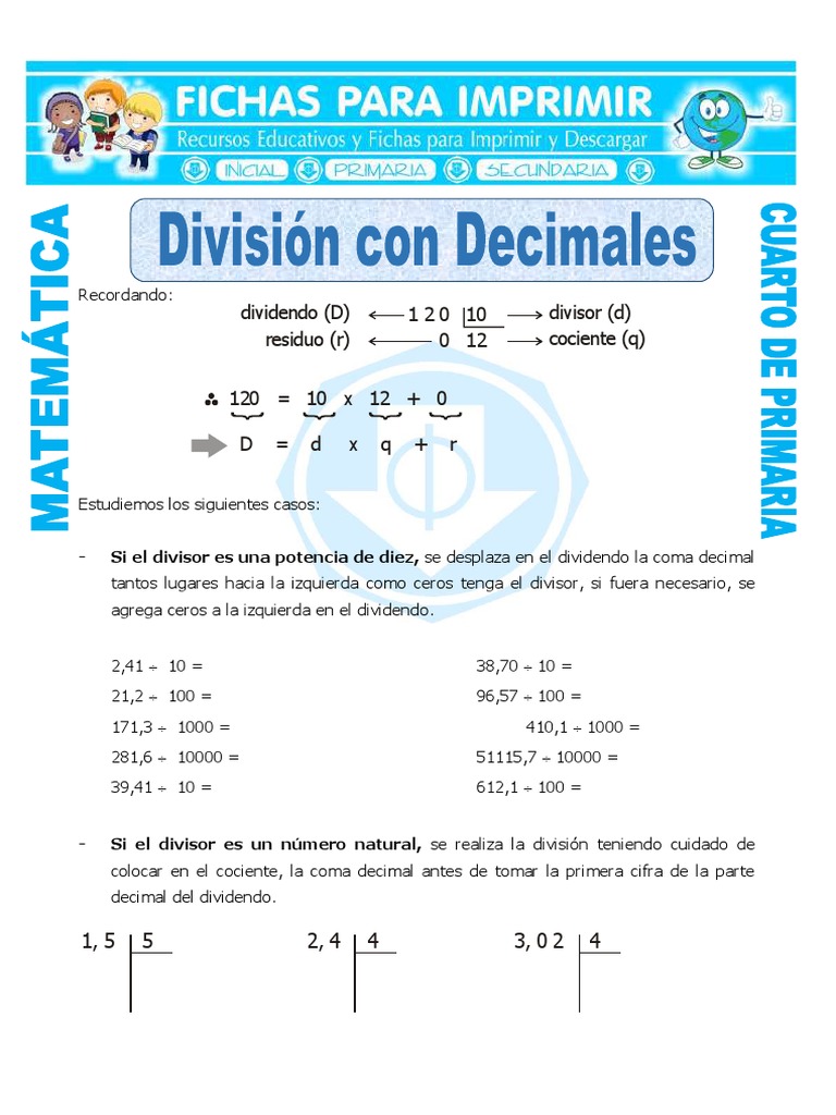 Division Con Decimales para Cuarto de Primaria | PDF | División ...