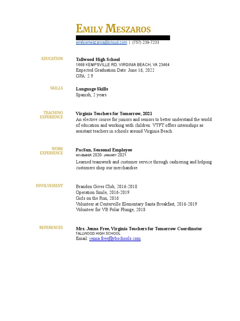 Emily Meszaros - Teaching Resume Assignment - 3054588 | PDF
