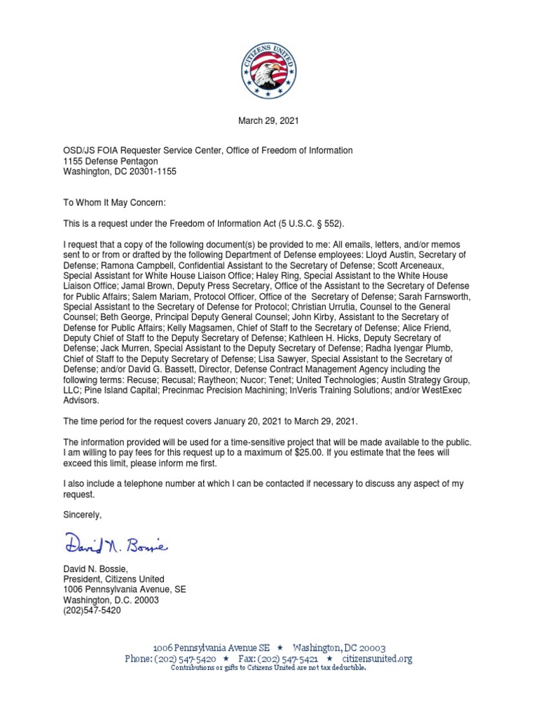 Citizens United Department of Defense FOIA Request (March 29, 2021 ...