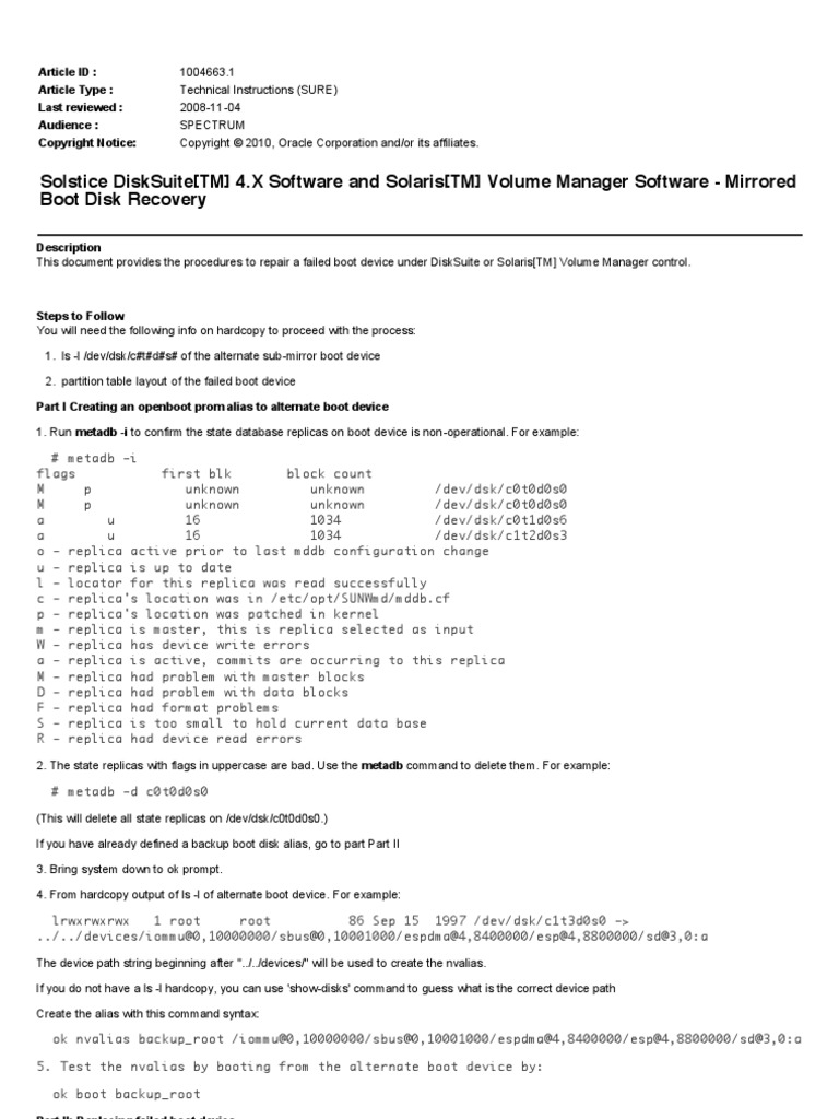 Solstice Disksuite (TM) 4.X Software and Solaris (TM) Volume Manager Software - Mirrored Boot ...