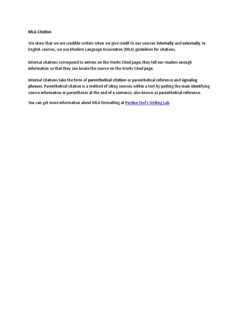 MLA Citation: Purdue Owl's Writing Lab | PDF