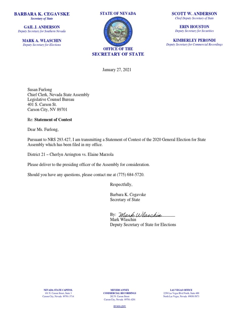 Nevada 2020 Election Contest Statement | PDF | Nevada