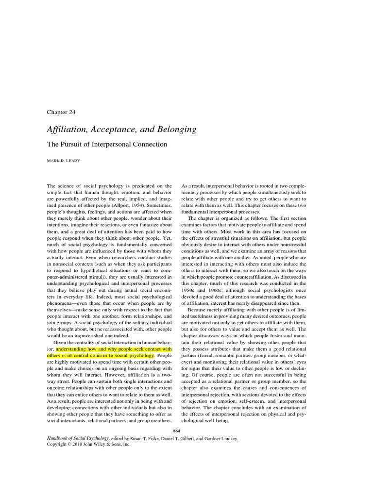 Affiliation, Acceptance and Belonging | PDF | Social Psychology ...