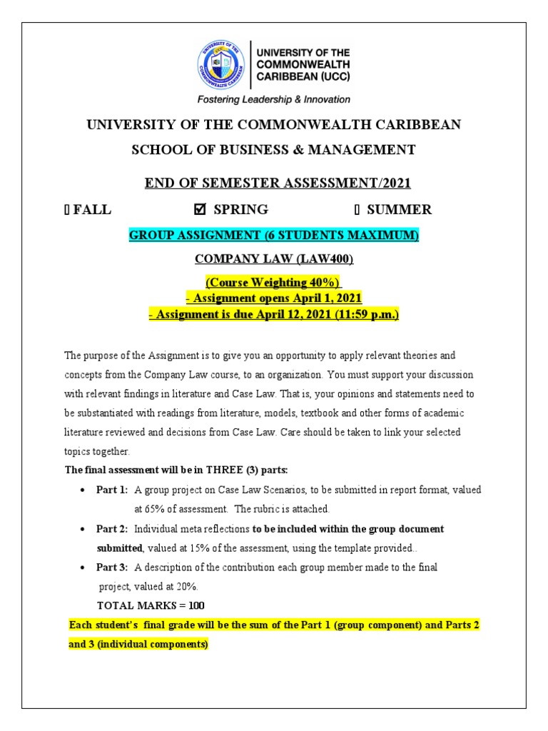 Company Law EOSA Project - Spring 2021 - Final | PDF | Rubric (Academic ...