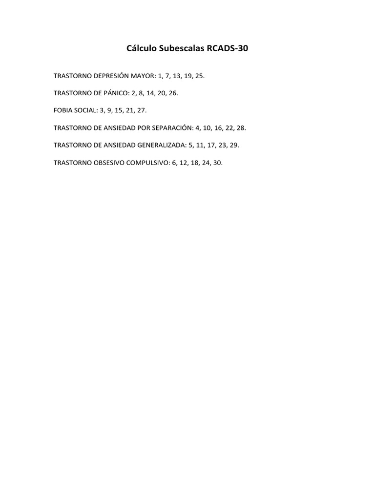 Cálculo Subescalas RCADS | PDF