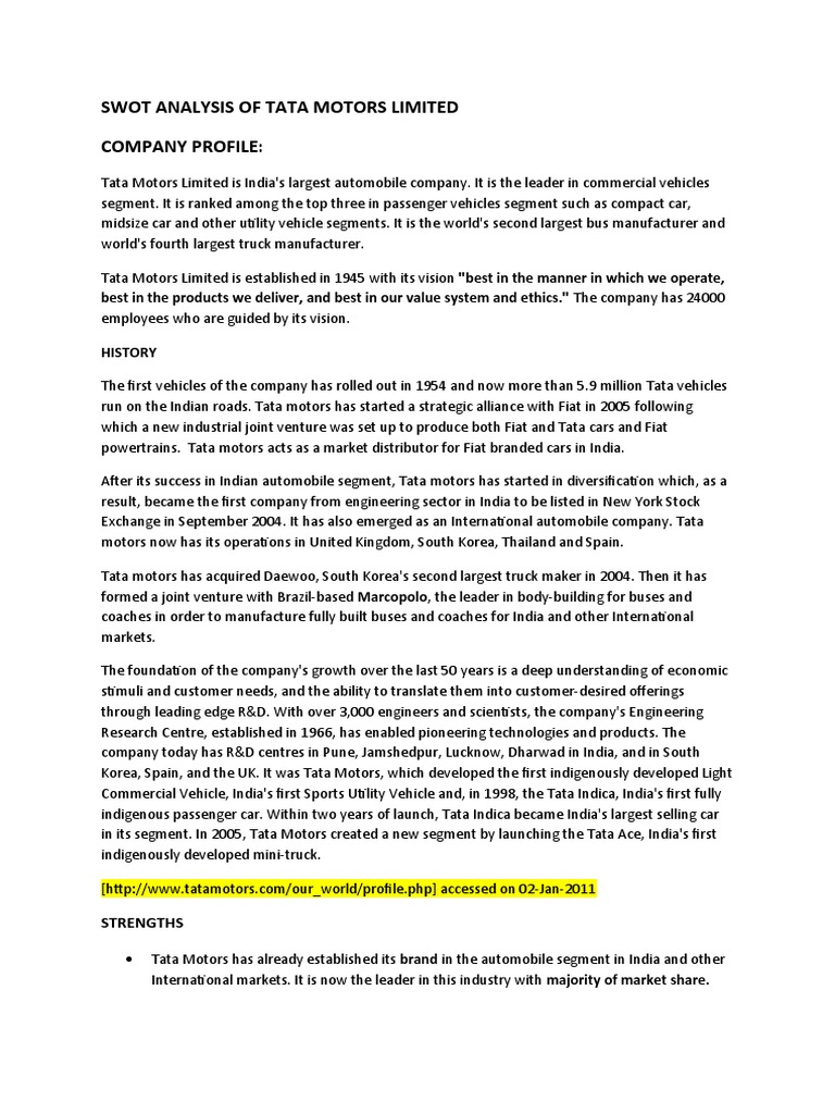 Tata Motors SWOT Analysis Overview | PDF | Economies | Motor Vehicle