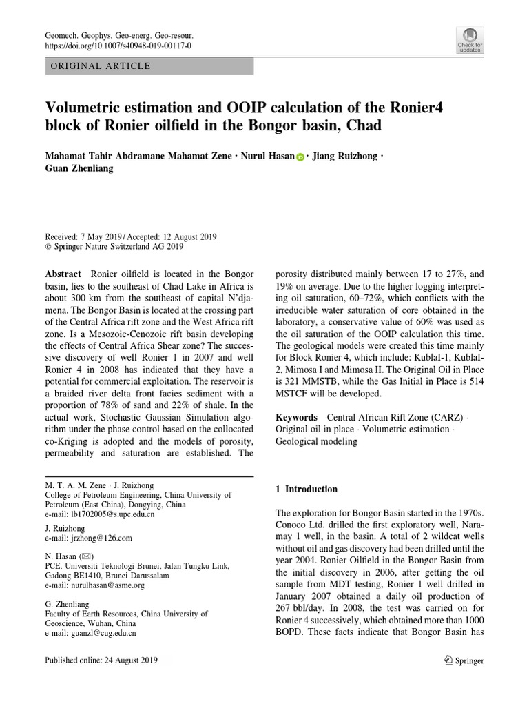 Volumetric Estimation And Ooip Calculation Of The Ronier4 Pdf