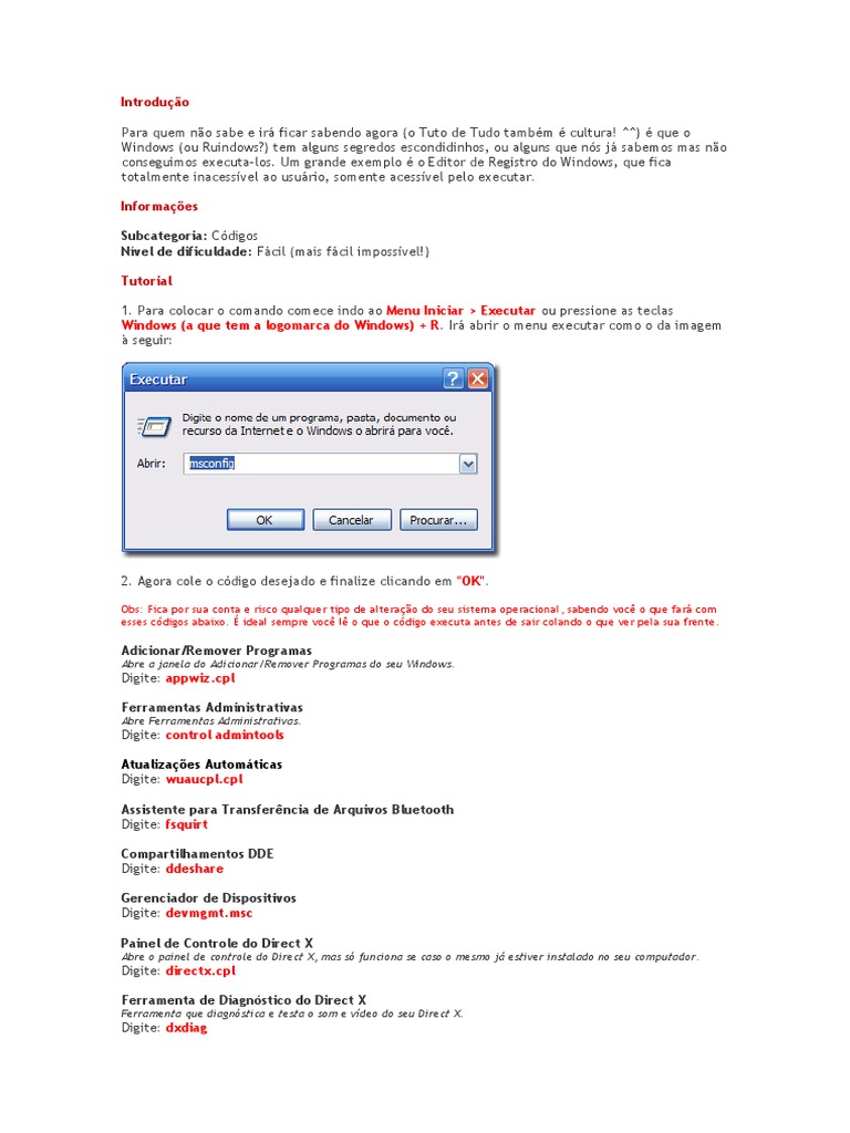 Códigos para abrir ferramentas ocultas do Windows | PDF | Endereço de ...