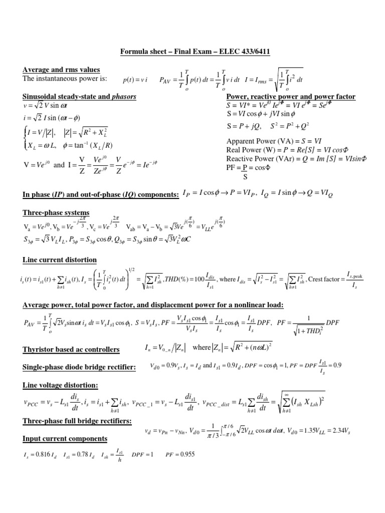 Sample Formula Sheet Final | PDF | Ac Power | Rectifier