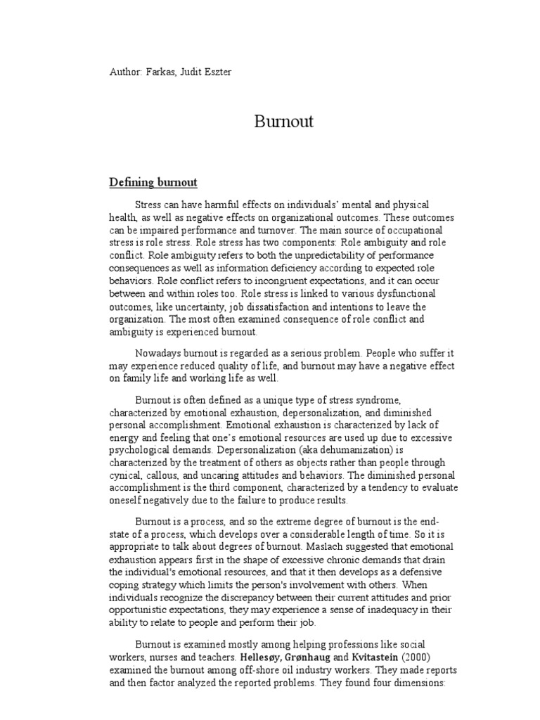 Burnout essay | Occupational Burnout | Major Depressive Disorder