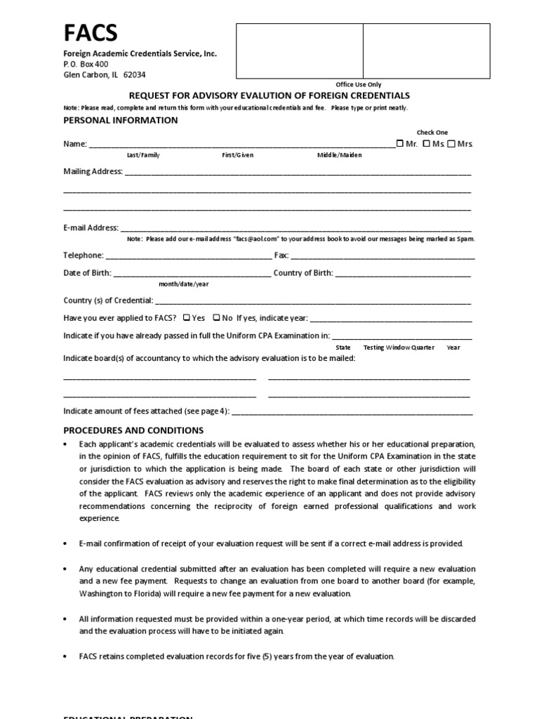 Facs Evaluation Form | PDF | Diploma | Professional Certification
