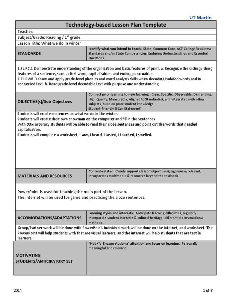 Technology-Based Lesson Plan (Winter) | PDF | Educational Assessment | Lesson Plan