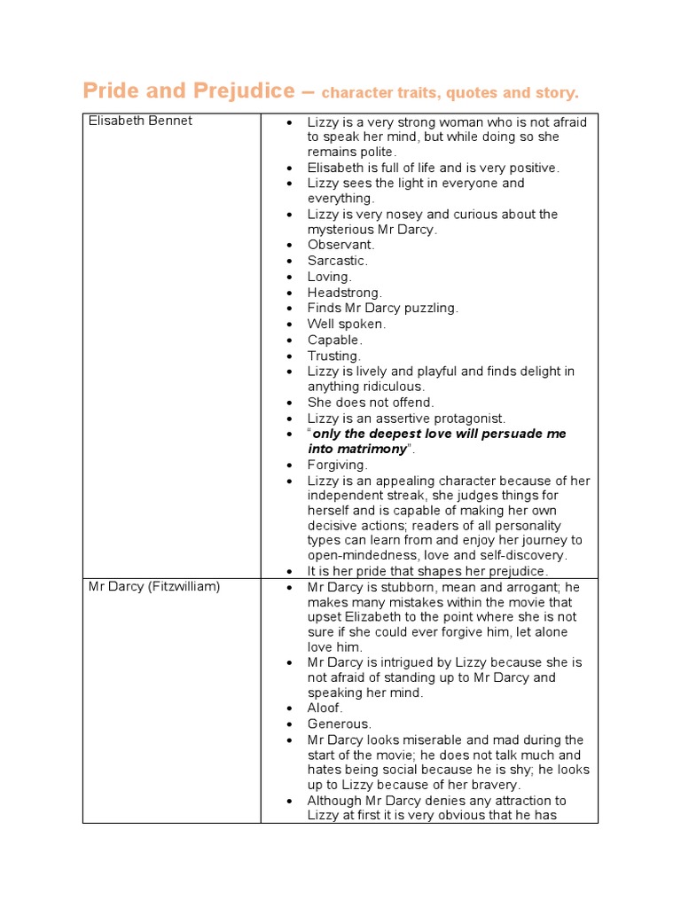 Pride and Prejudice - : Character Traits, Quotes and Story | PDF | Mr ...