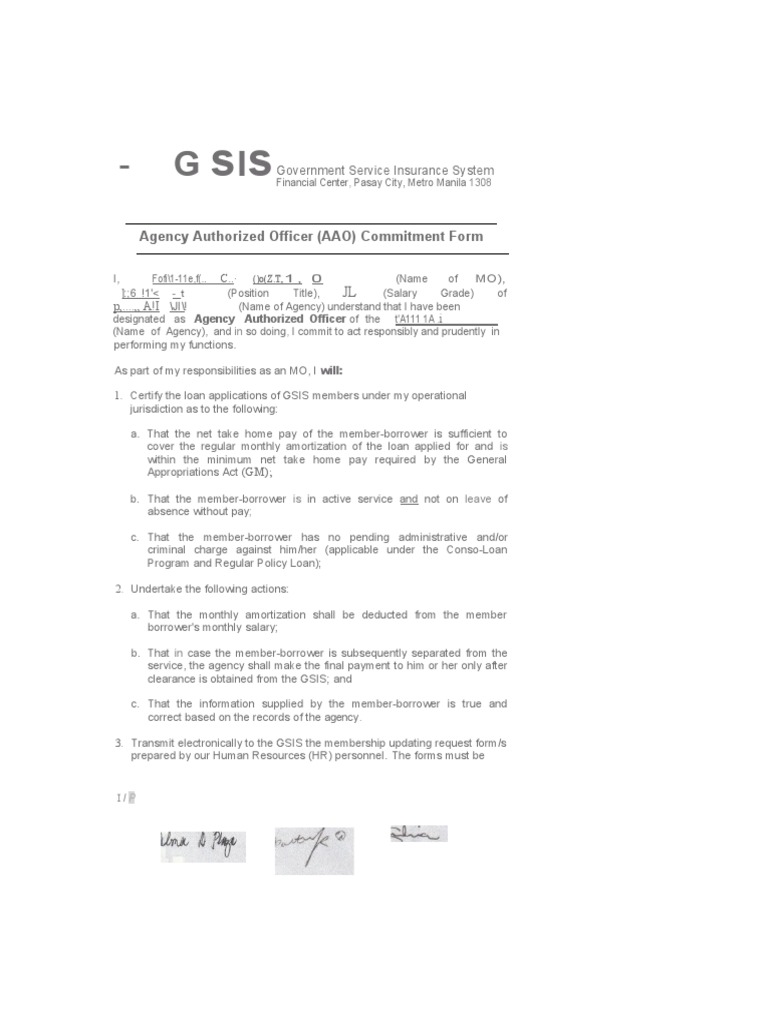 Agency Authorized Officer (AAO) Commitment Form: Government Service Insurance System | PDF ...