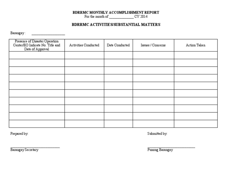 BDRRMC Activities/Substantial Matters: BDRRMC Monthly Accomplishment ...