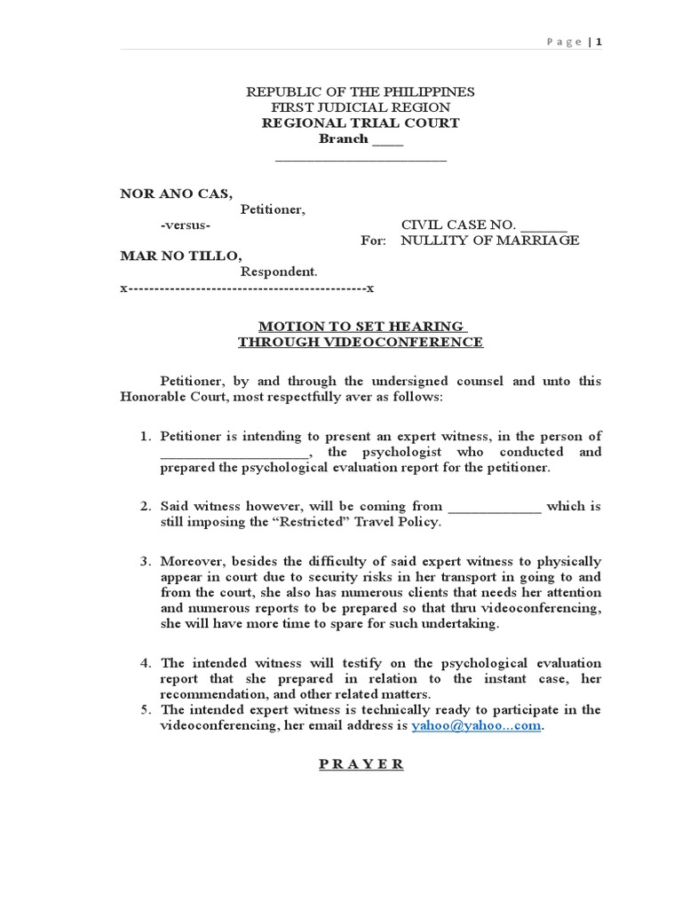 Motion To Set Hearing Thru Videoconference | PDF | Videotelephony ...