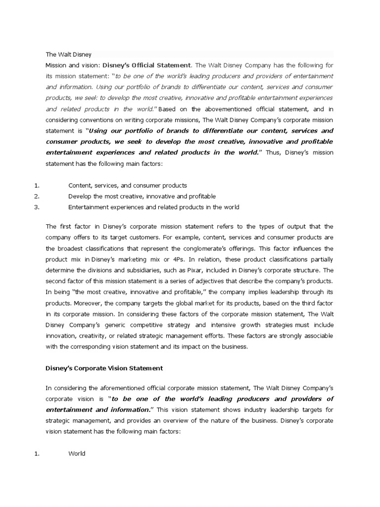 Disney's Mission and Vision Statements | PDF | Competitive Advantage ...