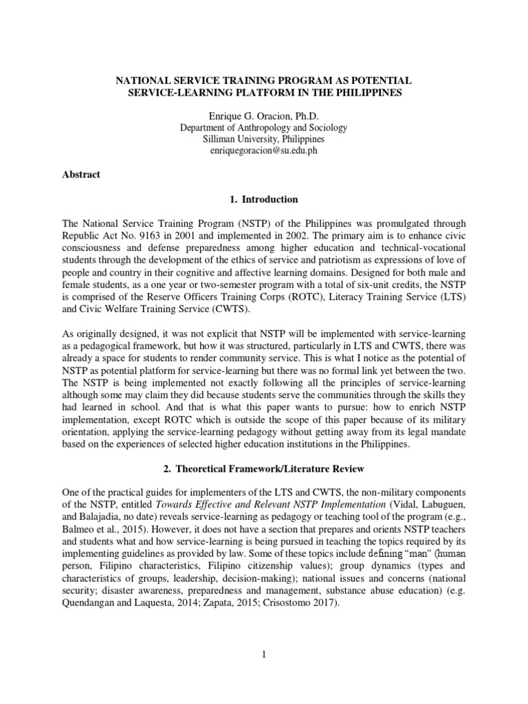 41 National Service Training Program As Potential Service Learning ...