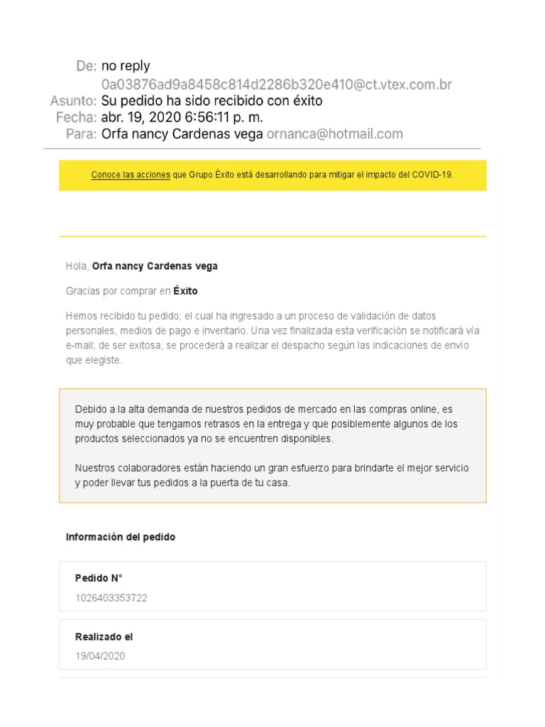 Su Pedido Ha Sido Recibido Con Éxito | PDF | Ascensor | Alimentos