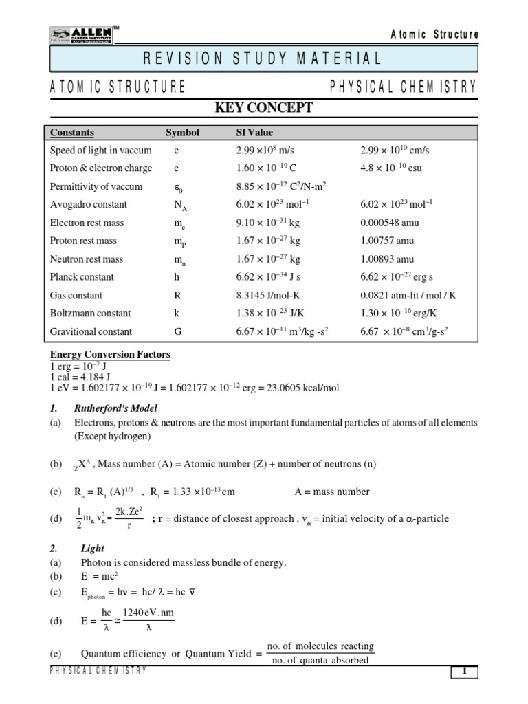 02-Atmic Structre Allen Material | PDF | Atomic Orbital | Electron