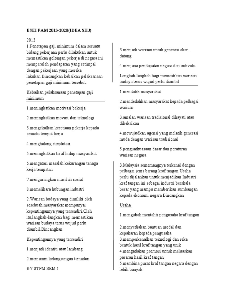 Esei Pam Sem 1 2013-2020 Soalan Dan Idea SHJ | PDF