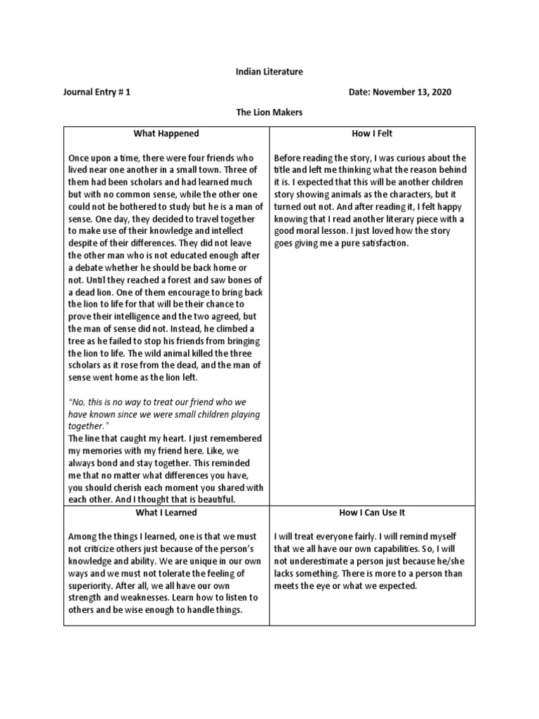 Indian Literature Journal Entry # 1 Date: November 13, 2020 The Lion ...