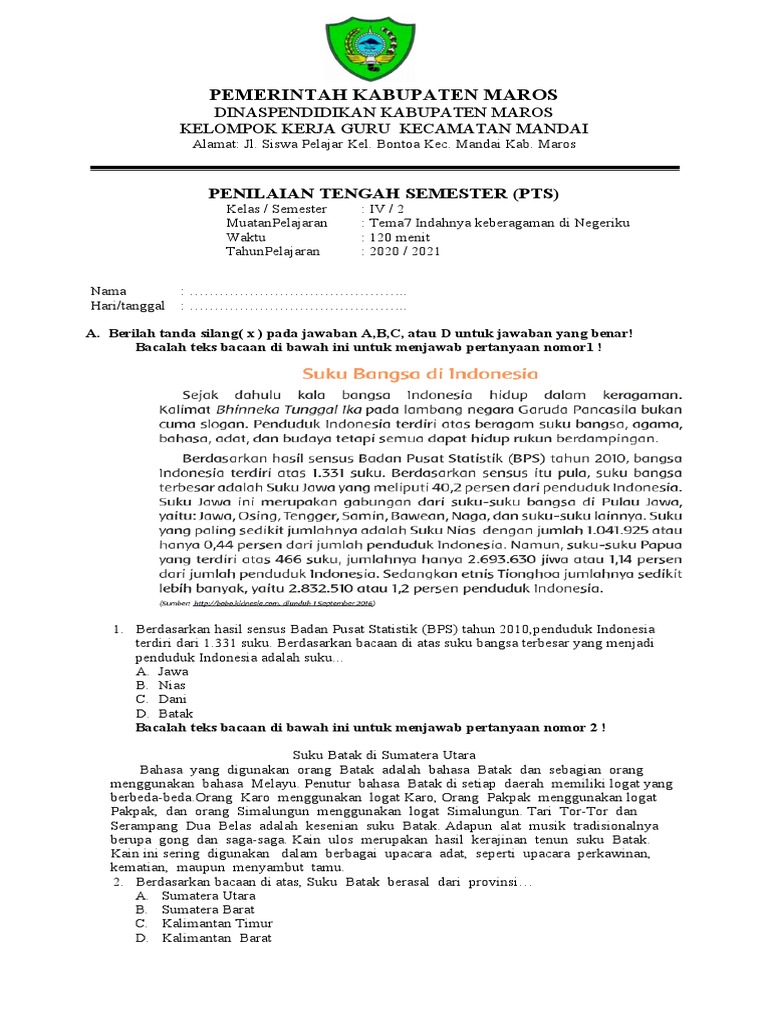Soal PTS Tema 7 Kelas 4 Semester 2 2021 | PDF