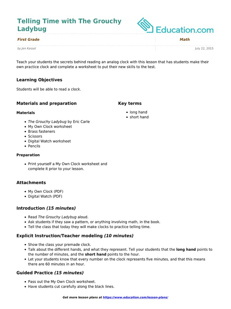 Telling Time With The Grouchy Ladybug | PDF | Clock | Worksheet