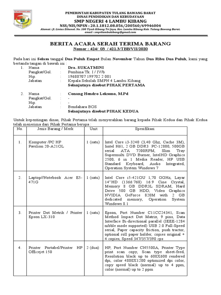 Berita Acara Serah Terima Barang | PDF