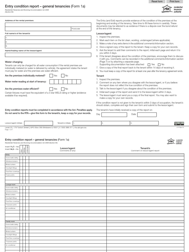 Entry Condition Report - General Tenancies (Form 1a) : Lessor/agent ...