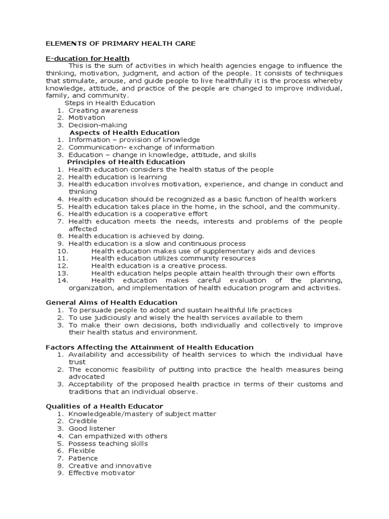 Key Elements of Primary Health Care | PDF | Clinical Medicine | Health Care