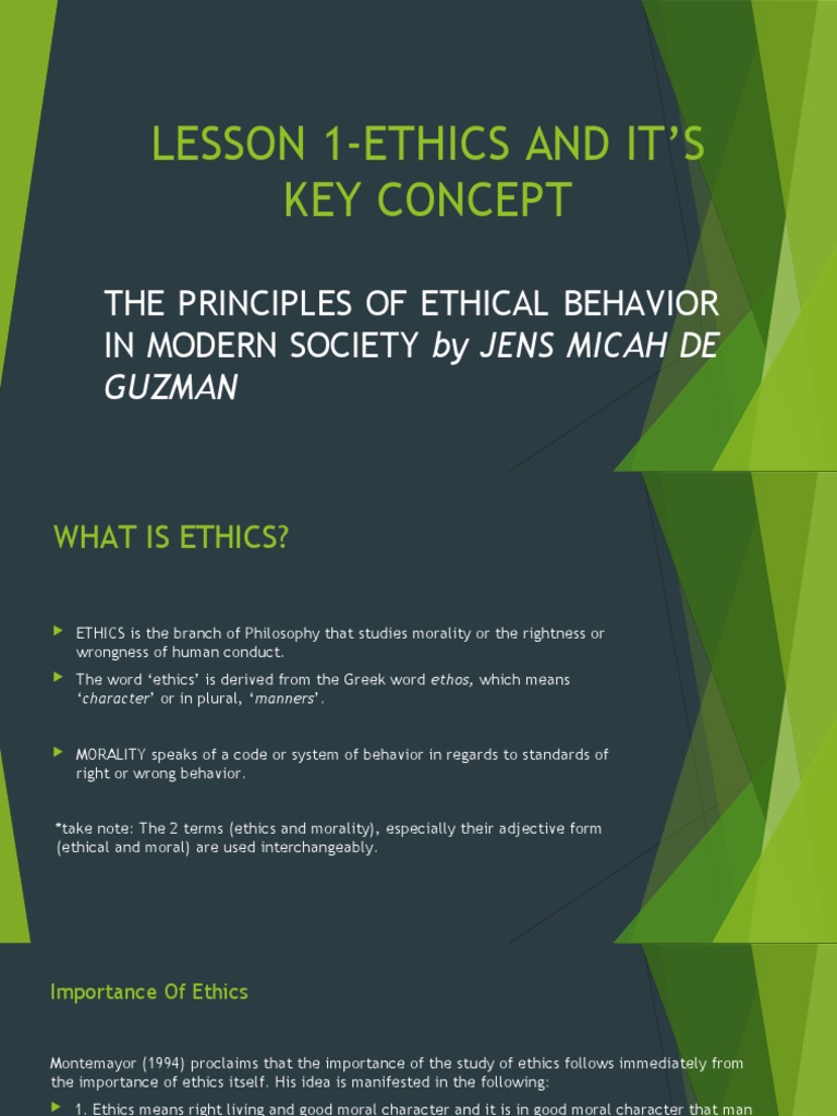 Lesson 1-Ethics and It'S Key Concept: The Principles of Ethical Behavior in Modern Society by ...