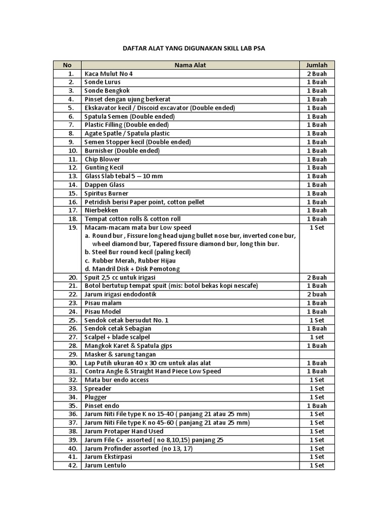 Daftar Alat Yang Digunakan Skill Lab Psa | PDF