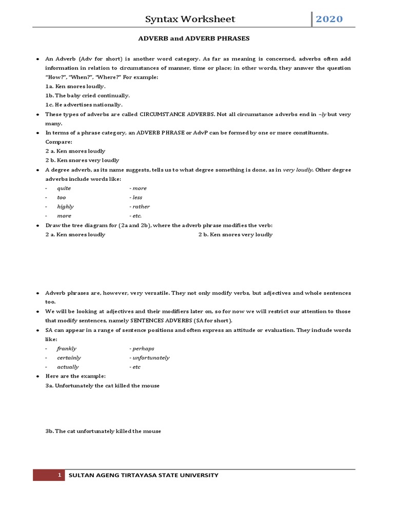 Syntax Worksheet: Adverbs, Prepositions, Adjectives, and Verbs | PDF ...