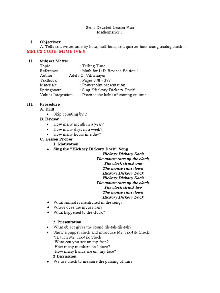 Grade 1 Mathematics Lesson Plan | PDF | Clock | Learning