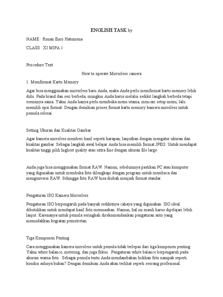 Contoh PROCEDURE TEXT HOW TO USE A MIRORLESS CAMERA | PDF