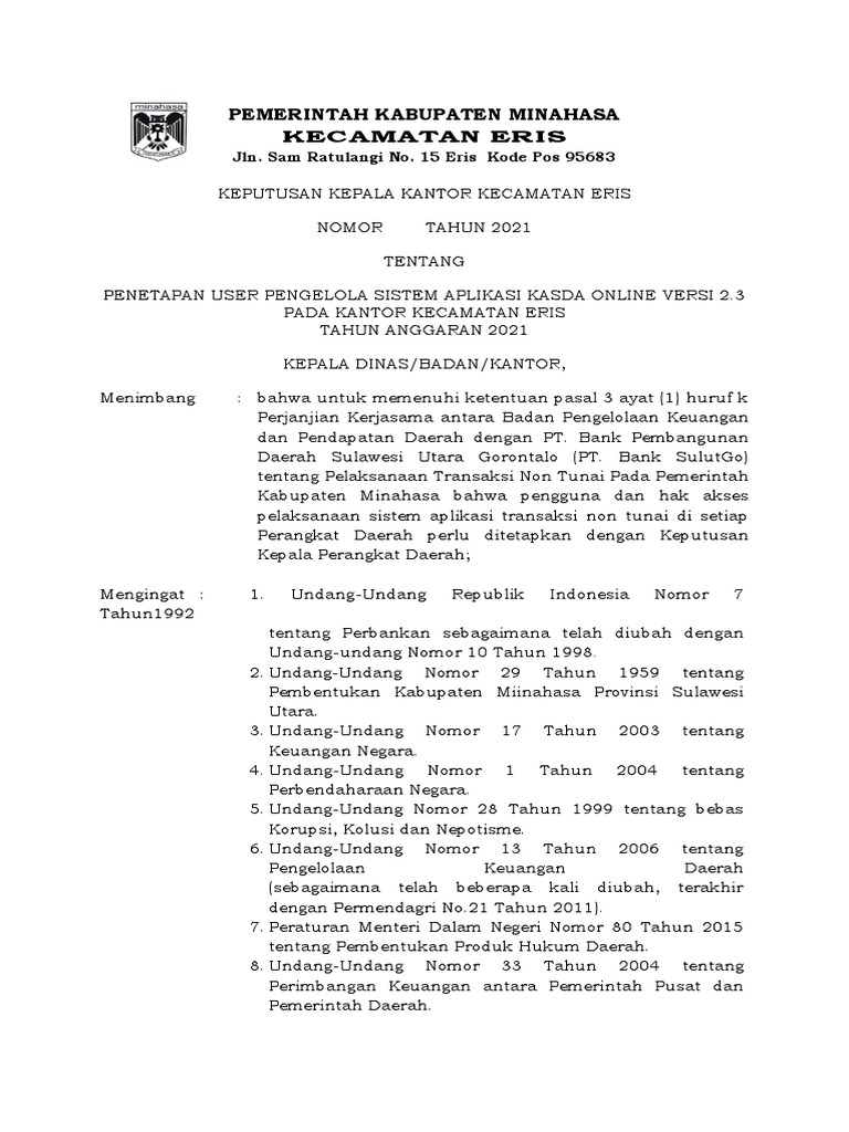 SK Kepala OPD - Penetapan User Pengelola Sistem Aplikasi Kasda Online Versi 2-1 | PDF