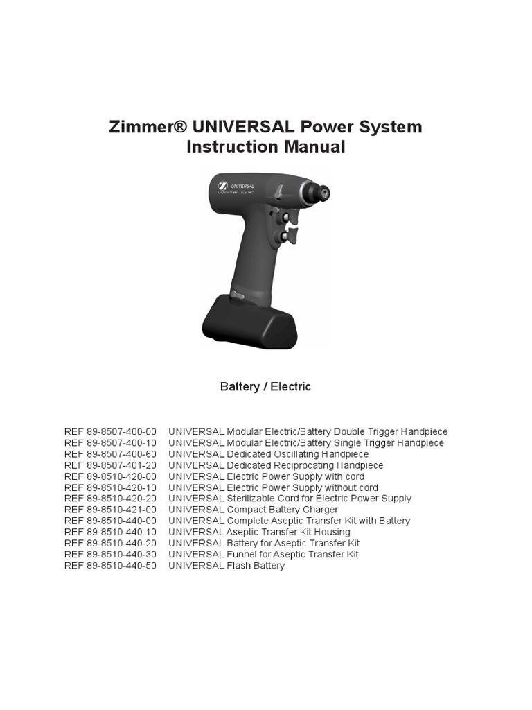 Zimmer® UNIVERSAL Power System Instruction Manual: Battery / Electric ...