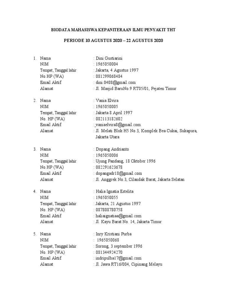 Biodata Mahasiswa THT 2020 | PDF