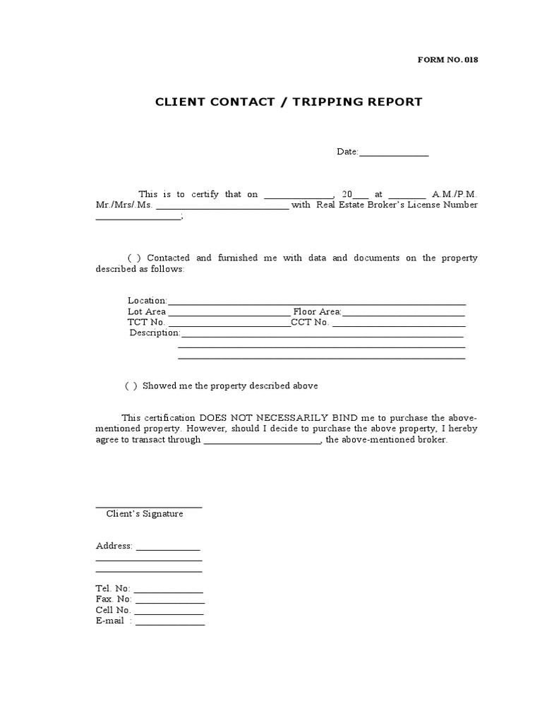 Form No.18 - CLIENT CONTACT TRIPPING REPORT | PDF