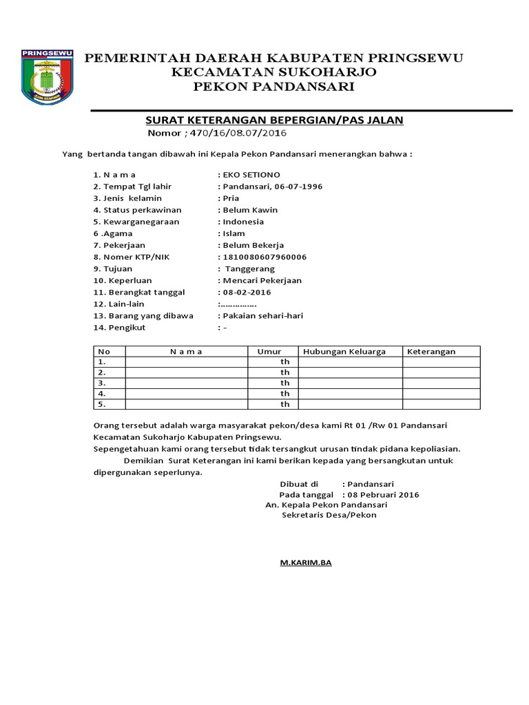 Surat Keterangan Bepergian Pas Jalan | PDF