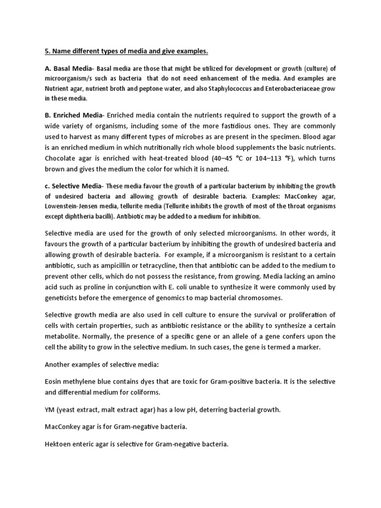 Name Different Types of Media and Give Examples. A. Basal Media | PDF ...