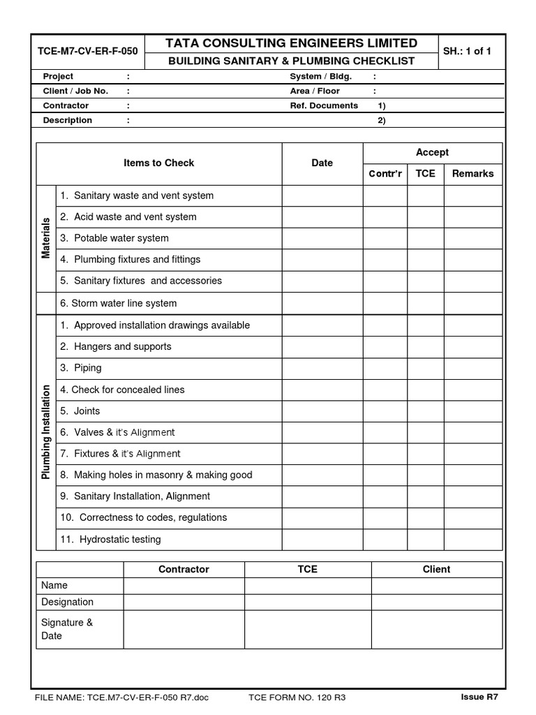 Sanitary and Plumbing checklist-Rev-R7 | PDF