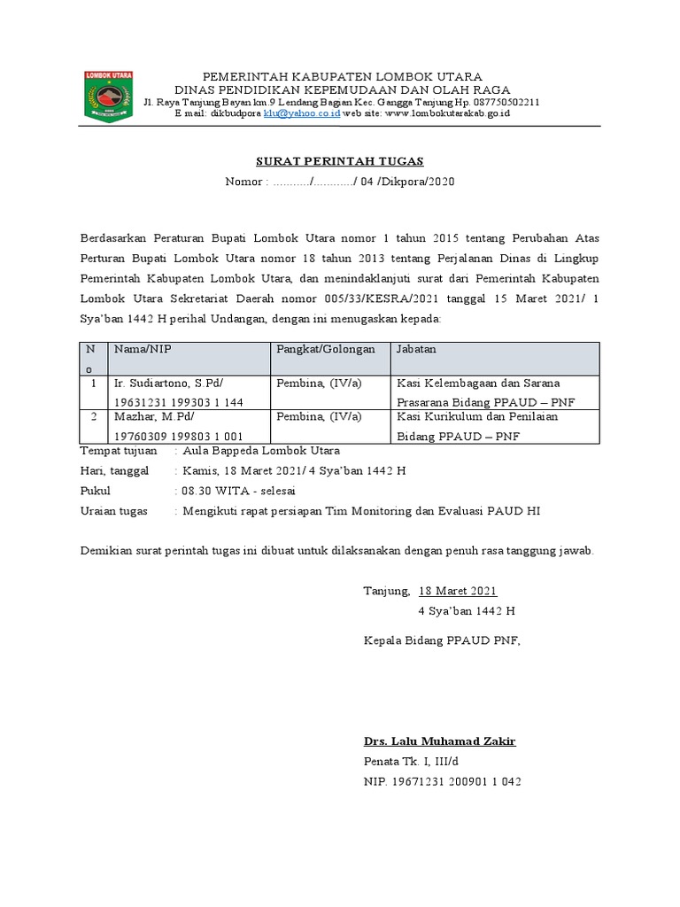 Surat Tugas Aula Bappeda | PDF