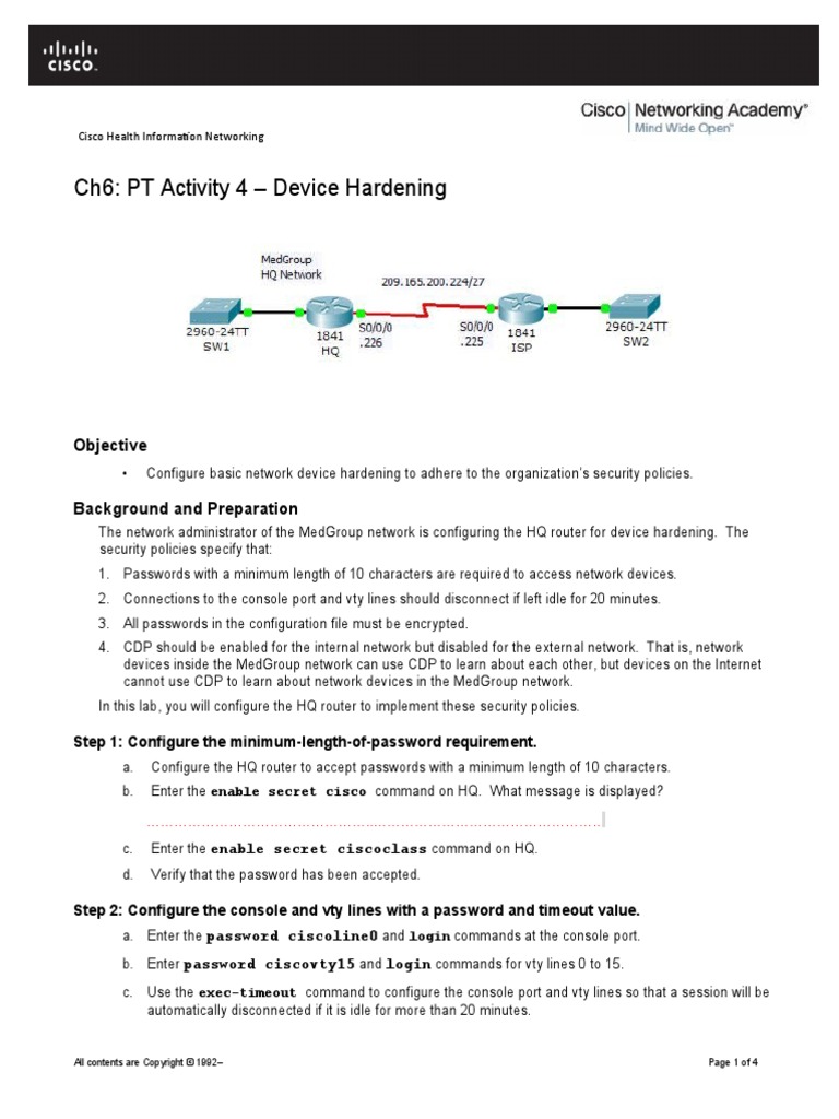 Ch6: PT Activity 4 - Device Hardening: Objective | PDF | Router (Computing) | Command Line Interface