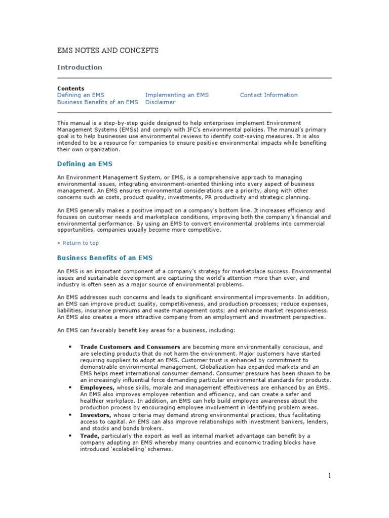 Ems Notes and Concepts: Defining An EMS Business Benefits of An EMS ...