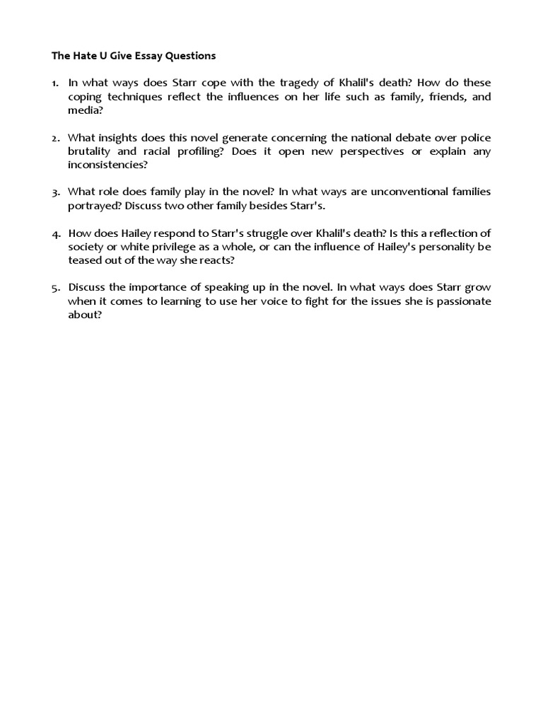 The Hate U Give Essay Questions | PDF