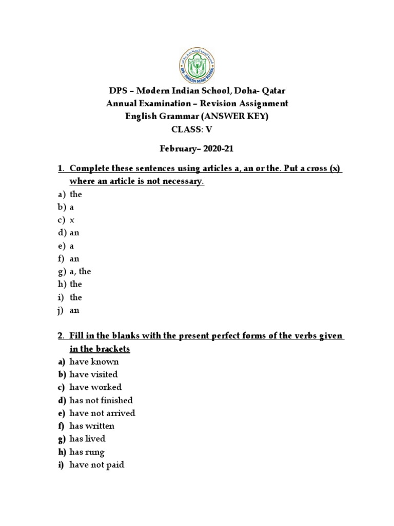 Grammar Revision Worksheet ANSWER KEY (2021) - Grade 5 | Download Free ...