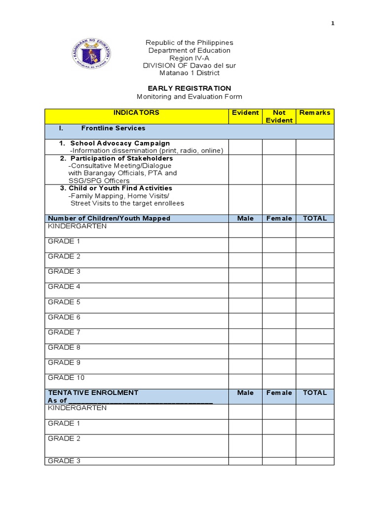 Early Registration Monitoring Form | PDF | Human Nature